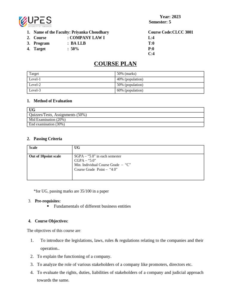 Company Law I Course Plan 2023 | PDF