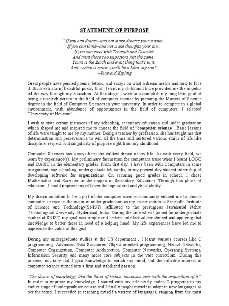 Statement Of Purpose UH PDF Computer Science Undergraduate Education
