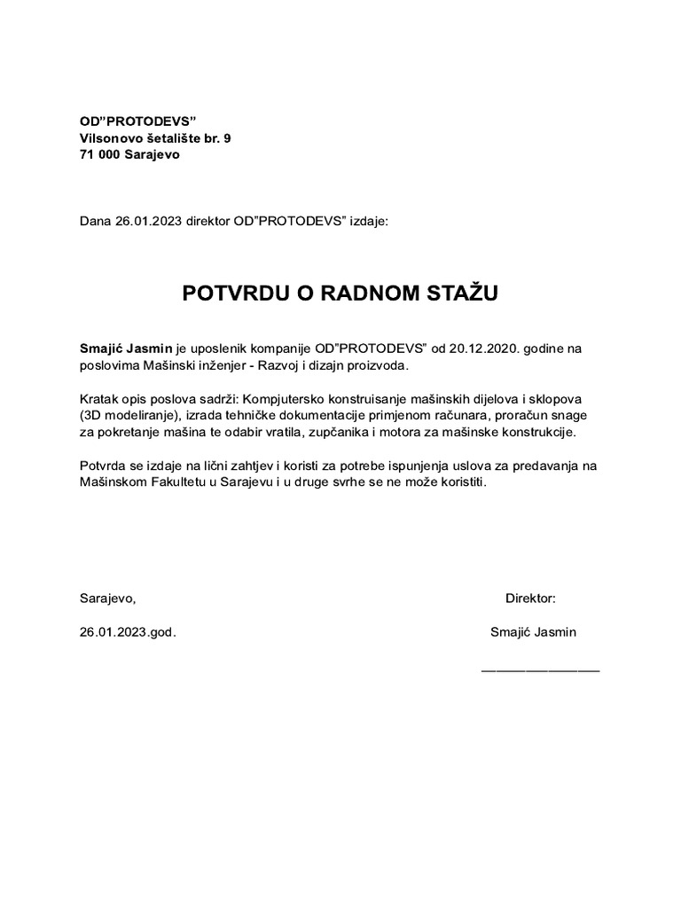 Potvrda o Radnom Stažu | PDF