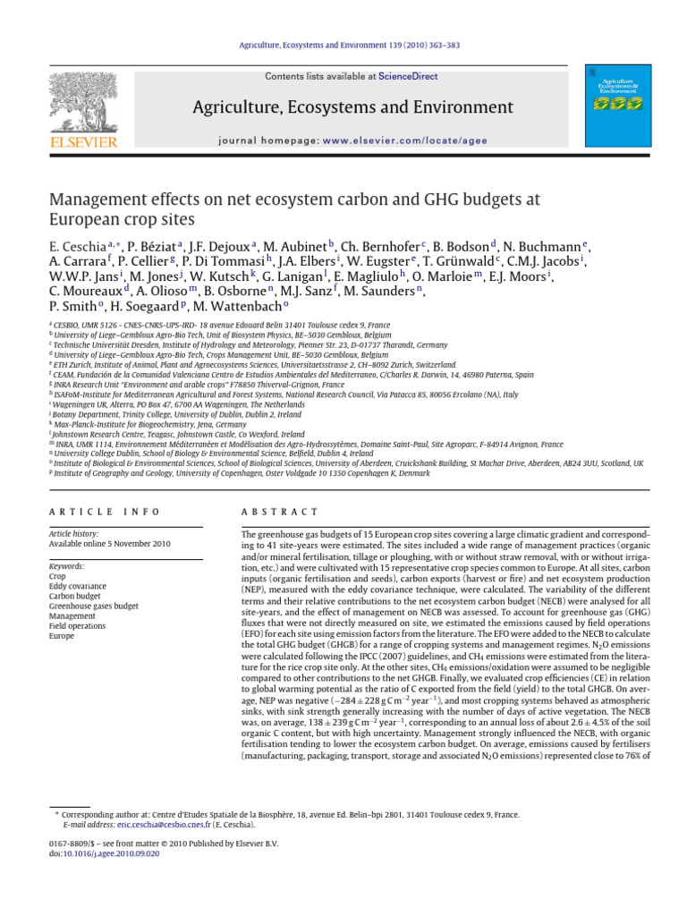 Management Effects On Net Ecosystem Carbon and GHG Budgets at European ...