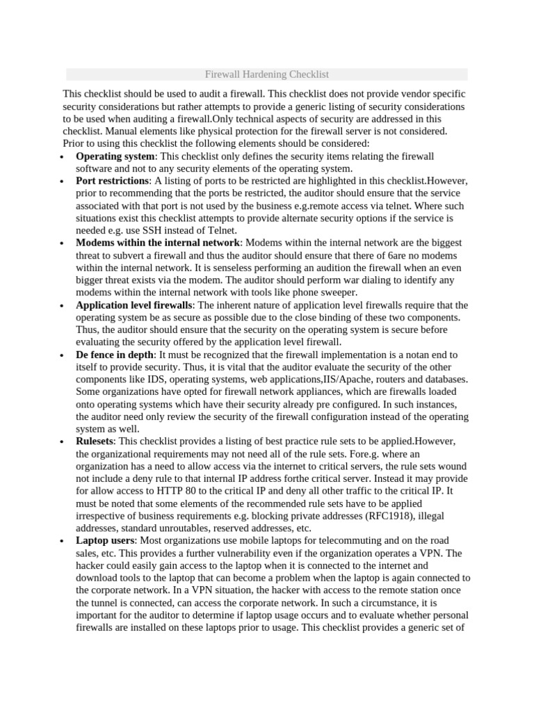 Firewall Hardening Checklist | PDF