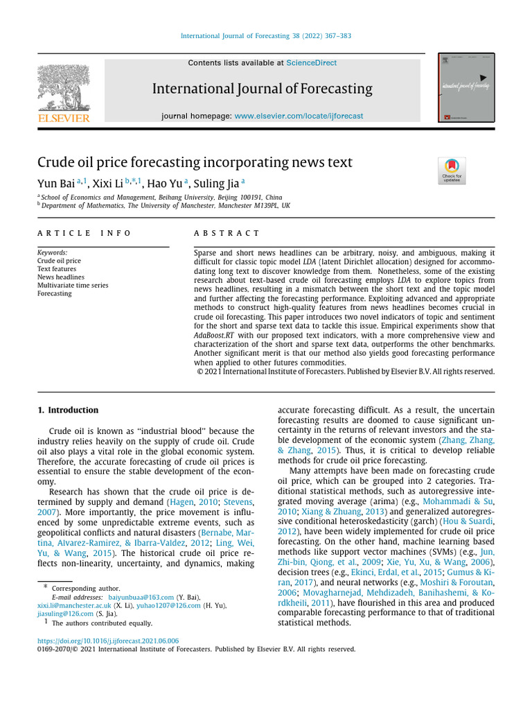 Crude Oil Price Forecasting Incorporating News Text | PDF