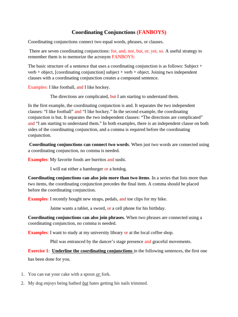 Coordinating Conjunctions Worksheet | PDF