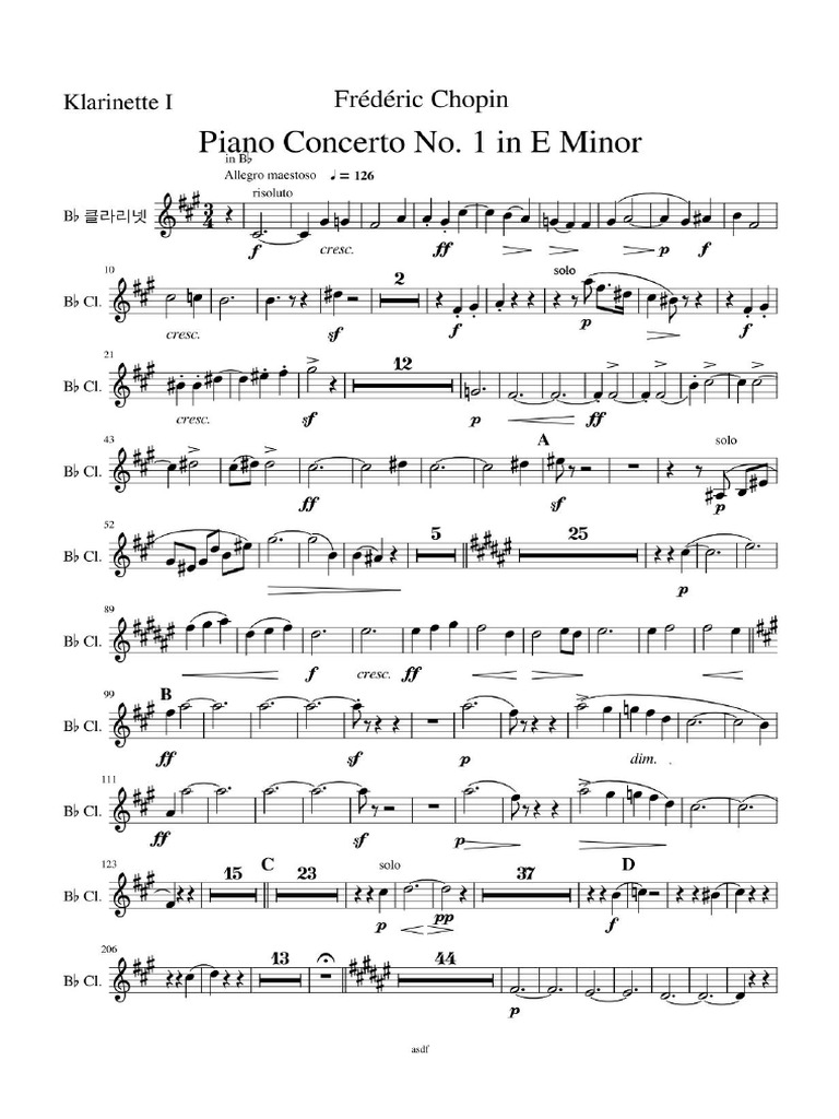 Chopin Piano Concerto No. 1 in E Minor, Klarinette B Sheet Music For ...