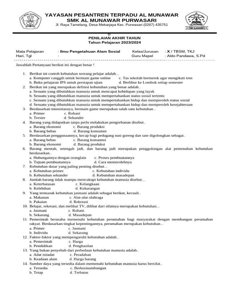 Soal - Ipas - Pat - SMK Kelas 10 TKJ & TBSM | PDF | Social Science