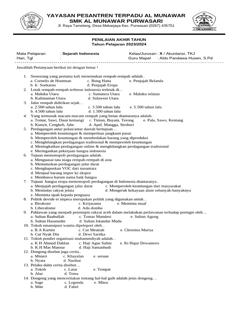 Soal - SIN - PAT - SMK Kelas 10 TKJ & Akuntansi | PDF | Ilmu Sosial
