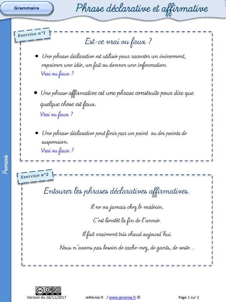 Exercices Phrase Declarative Affirmative | PDF