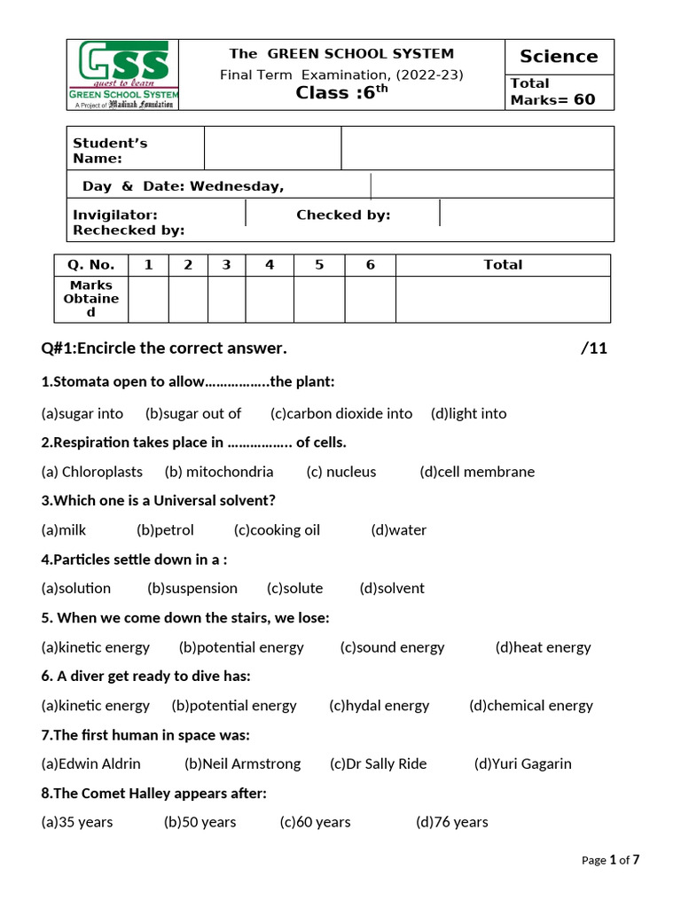 6 Science, Final Papers 2022 | PDF