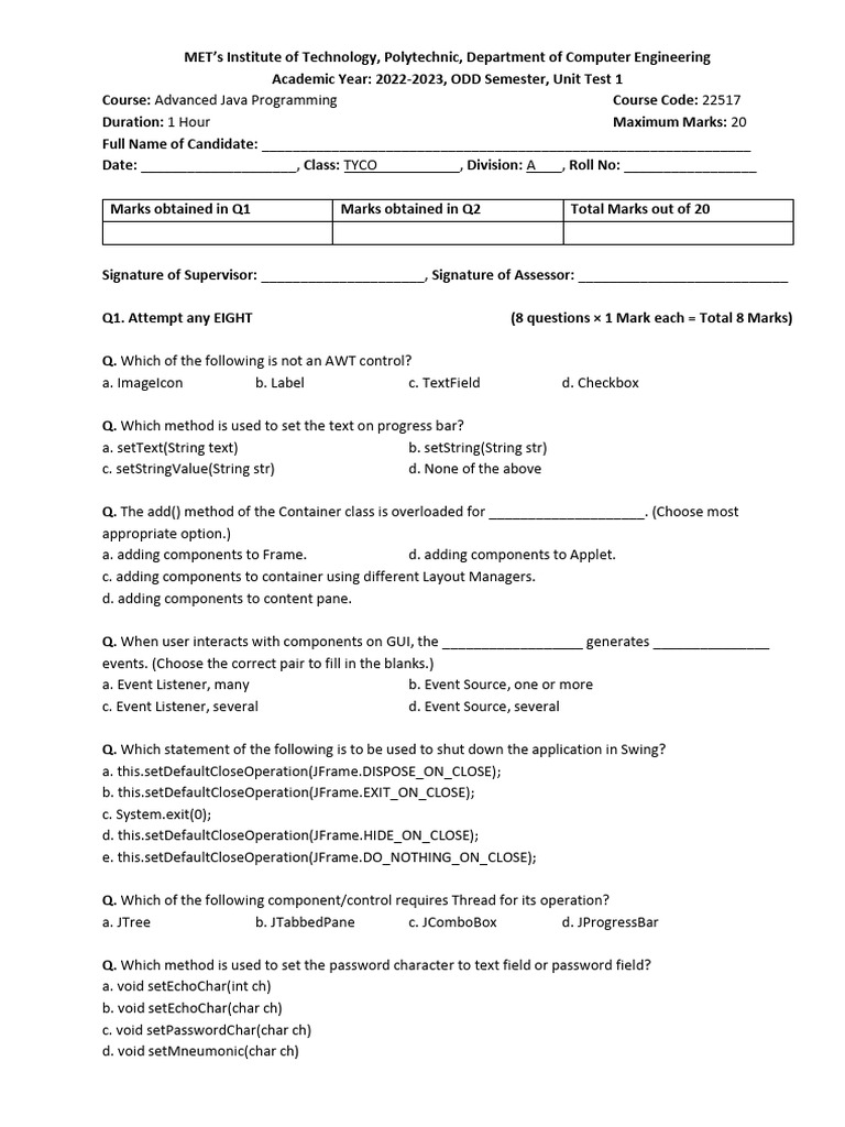 Question Paper Unit Test 1 2022-2023 | PDF