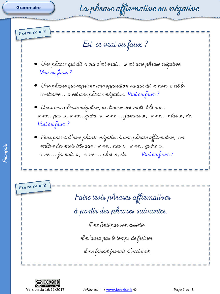 Exercices Phrase Affirmative Negative | PDF