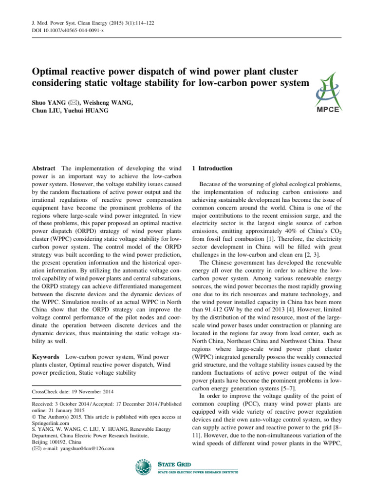 Optimal Reactive Power Dispatch of Wind Power Plant Cluster Considering Static Voltage Stability ...