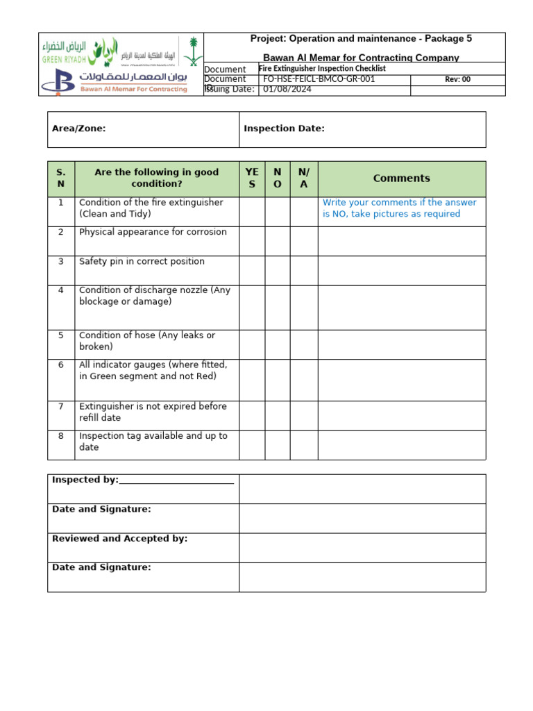 Fire Extinguisher Inspection Checklist | PDF