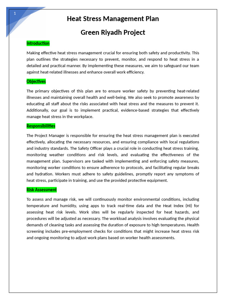 heat stress Management Plan | PDF
