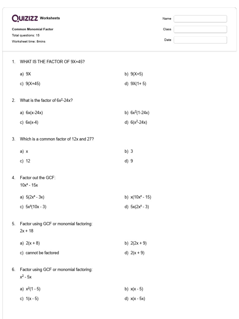 Common Monomial Factor Quizizz Pdf 7392