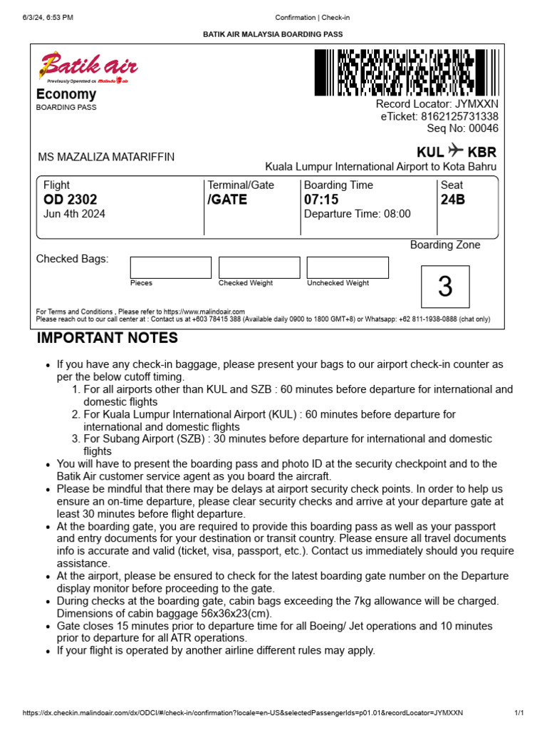 Confirmation - Check-In Cik Ja | PDF