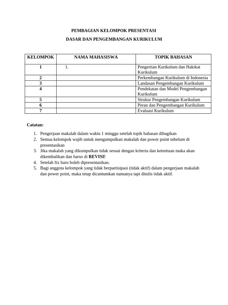Pembagian Kelompok Presentasi, Pembuatan Makalah Dan | PDF
