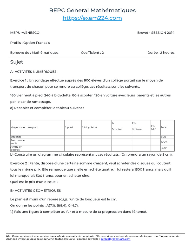 Exam224 Bepc General Mathematiques 2014 | PDF