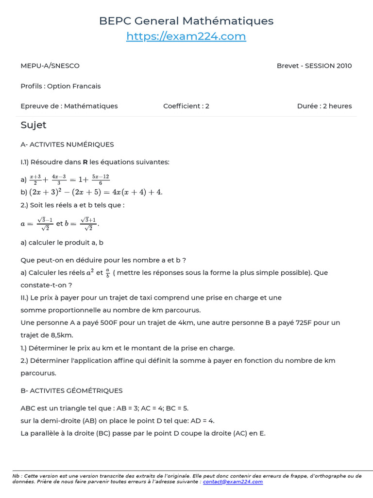 Exam224 Bepc General Mathematiques 2010 | PDF