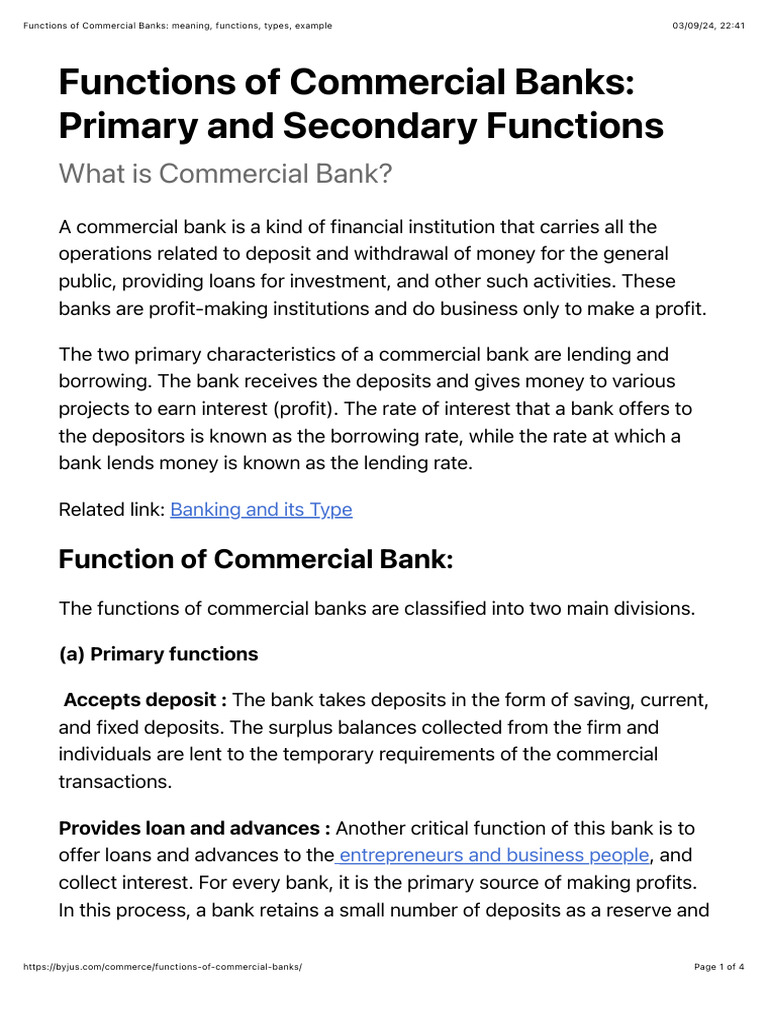 Functions of Commercial Banks: Meaning, Functions, Types, Example Byjus ...