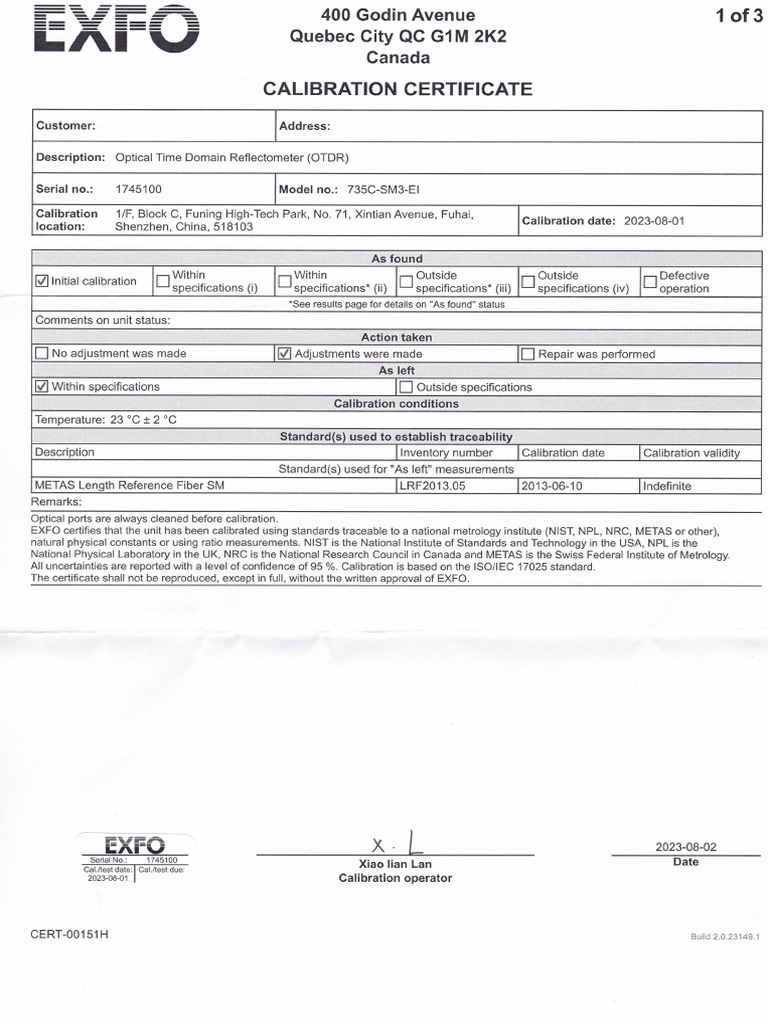 Certificat de Calibration FTBx-735C-sm3 Exfo-2023 | PDF