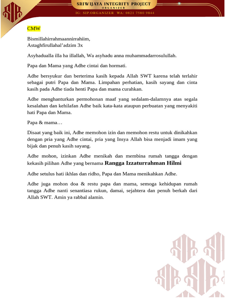 Teks Izin Nikah (Adhe & Rangga) | PDF