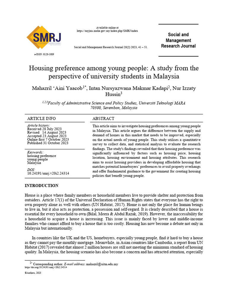 Housing Preference Among Young People: A Study From The Perspective of University Students in ...