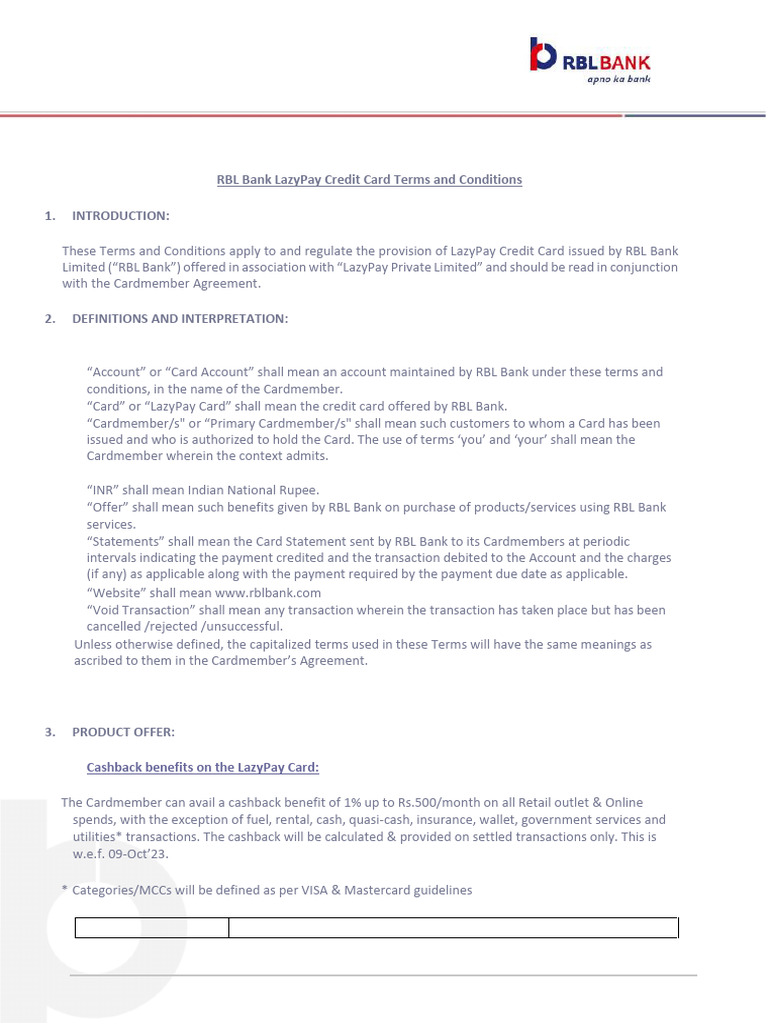 TNC Lazy Pay Credit Card | PDF