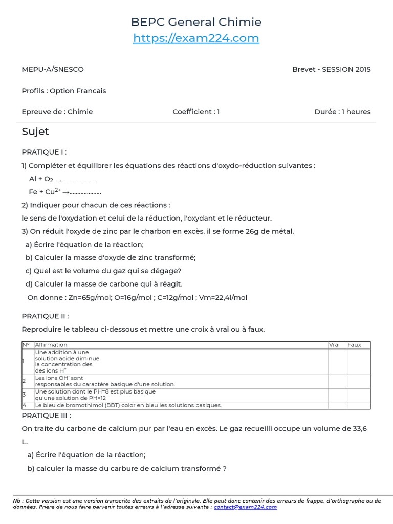 Exam224 Bepc General Chimie 2015 | PDF