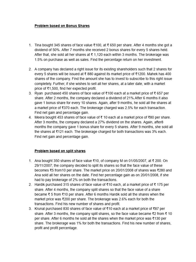 Shares Practice sheet 3 (Bonus_Split) | PDF