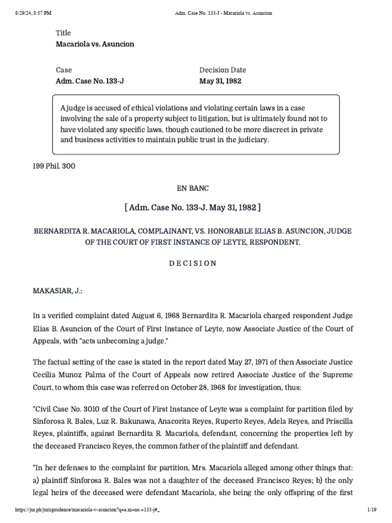 Adm. Case No. 133-J - Macariola vs. Asuncion | PDF