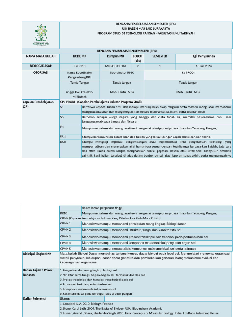 RPS - Sem1 - Biologi Dasar | PDF