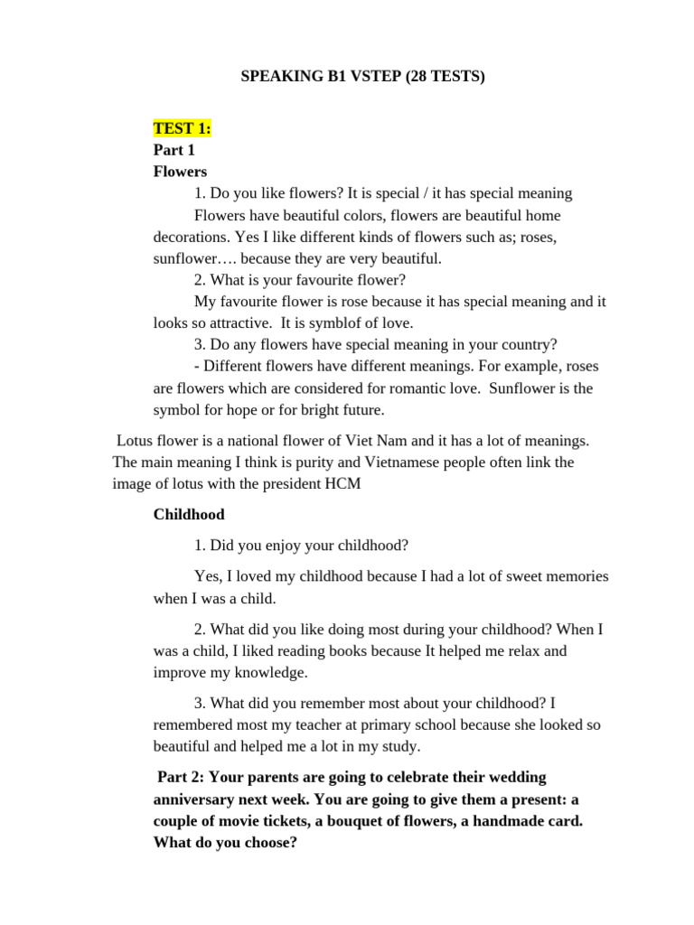 Speaking Vstep B1 (28 Tests) | PDF