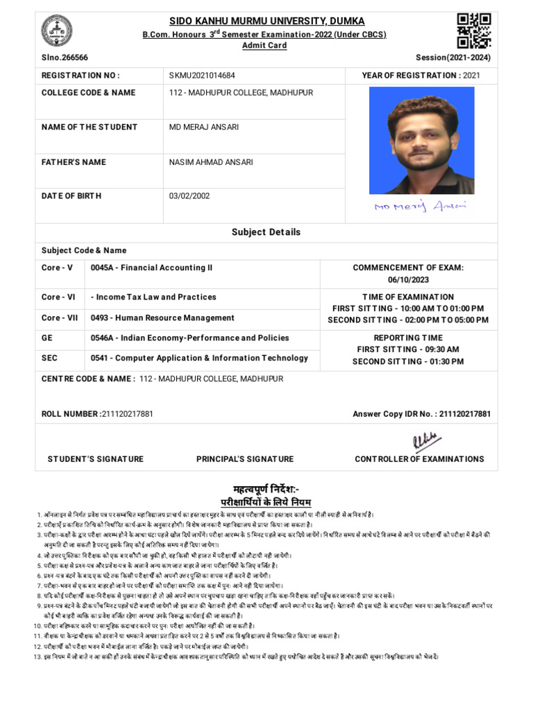 Meraj Sem 3 Admit Card | PDF