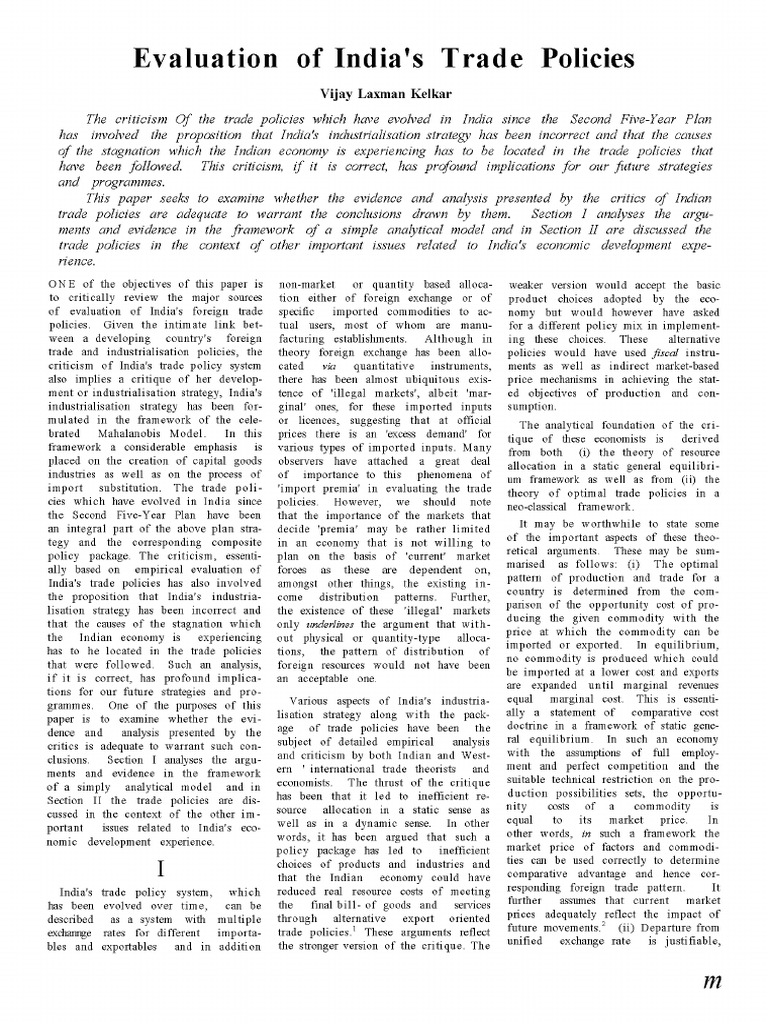 Evaluation of India's Trade Policies: Vijay Laxman Kelkar | PDF