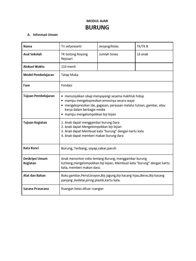 Modul Ajar - Burung | PDF