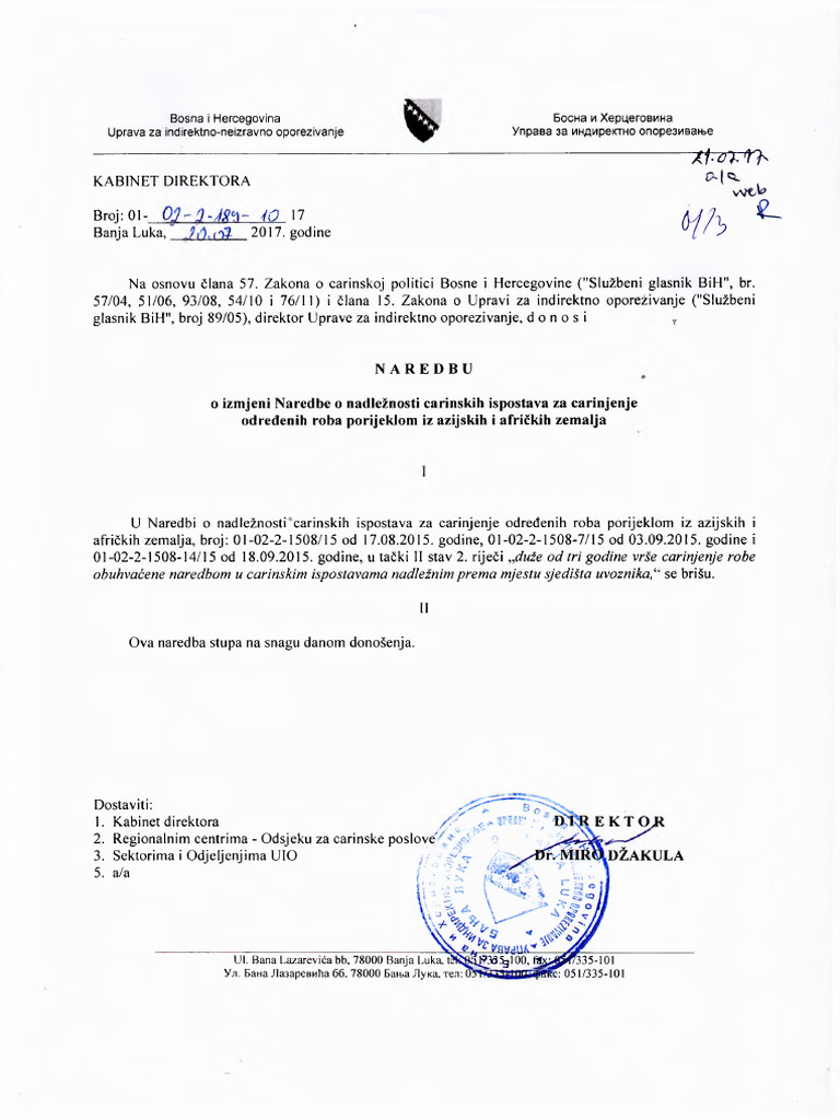 B 12 13 Naredba o Izmj Naredb o Nadlezn Carinsk Ispost Za Carinjen Odred Rob Porijeklom Iz ...