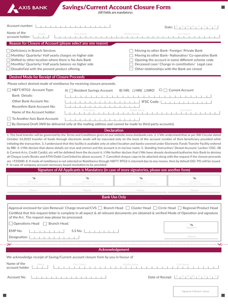 Axis Bank Account Closure Form | PDF | Banking Technology | Banking