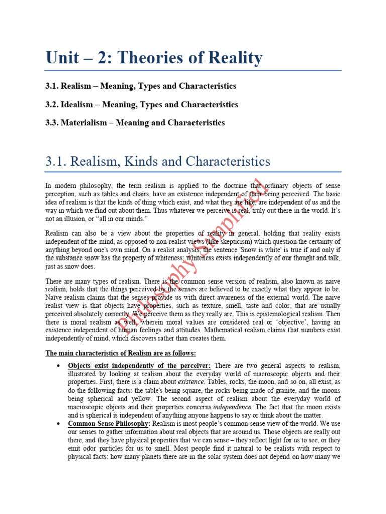 UNIT - 2philosophy | PDF | Philosophical Realism | Idealism