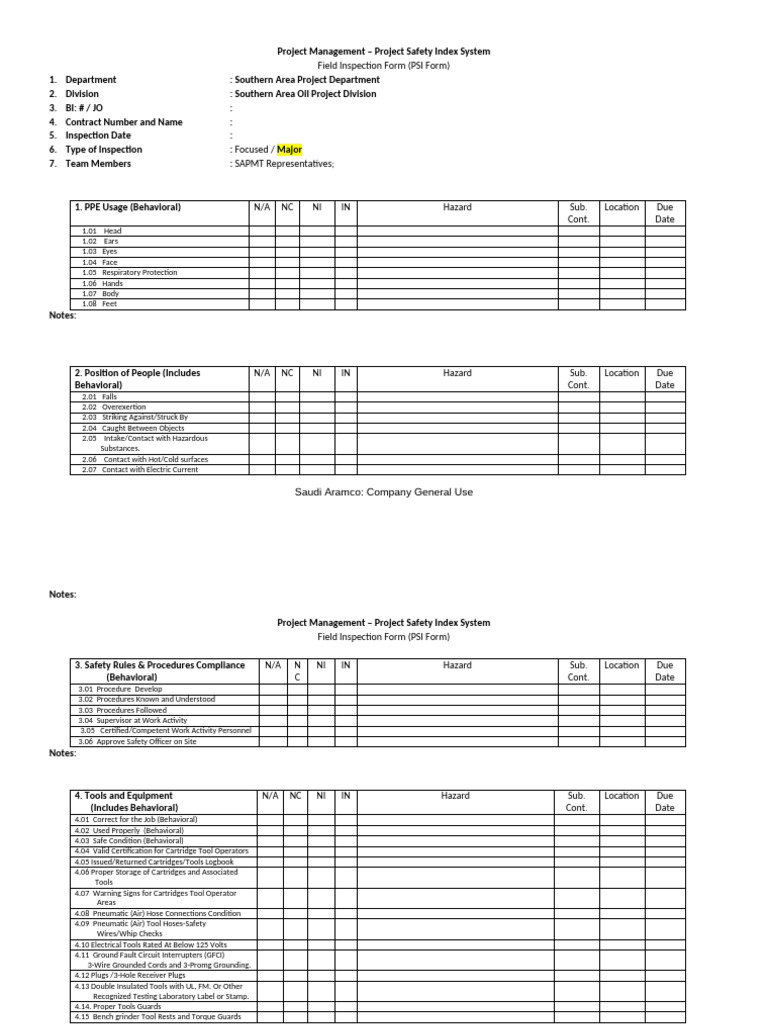 Project Safety Index PSI Evaluation Blank Form | PDF