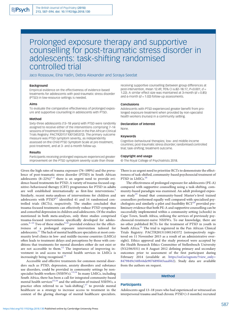 Prolonged Exposure Therapy and Supportive Counselling For Post ...