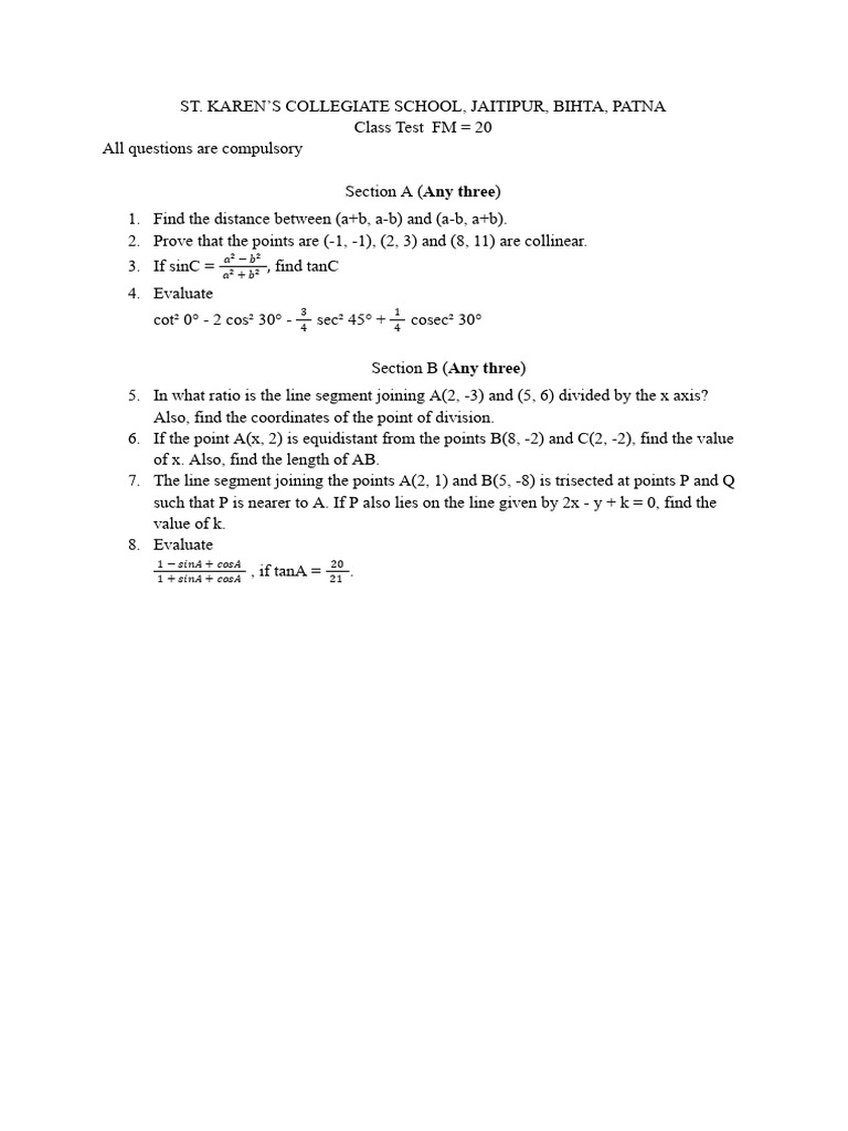 Class Test Questions for Math Students | PDF