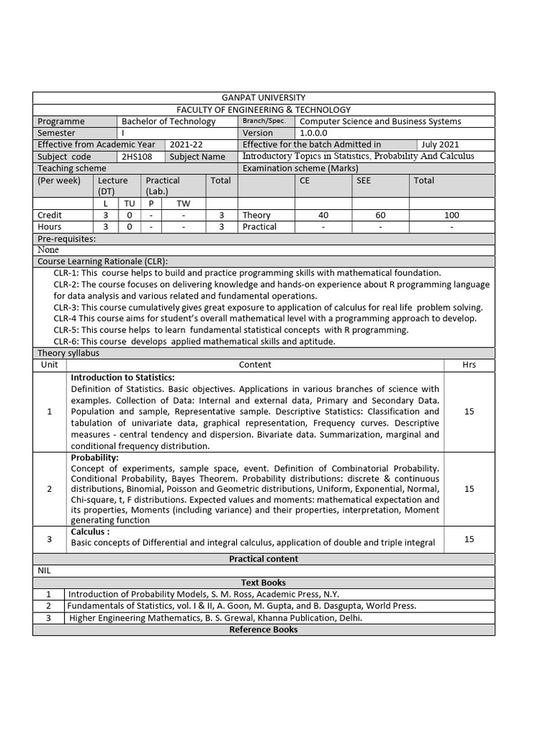 Introductory Topics in Statistics Probability and Calculus | PDF
