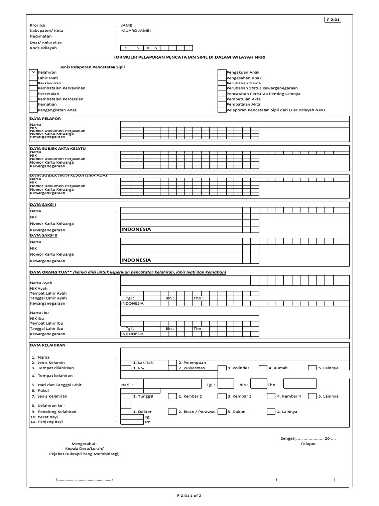 Formulir F-2.01 Kelahiran 1 Lembar | PDF