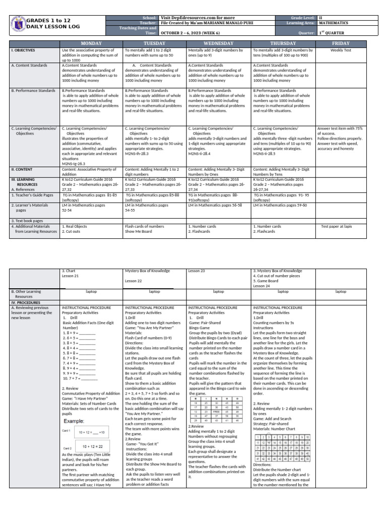 DLL Mathematics 2 q1 w6 | PDF