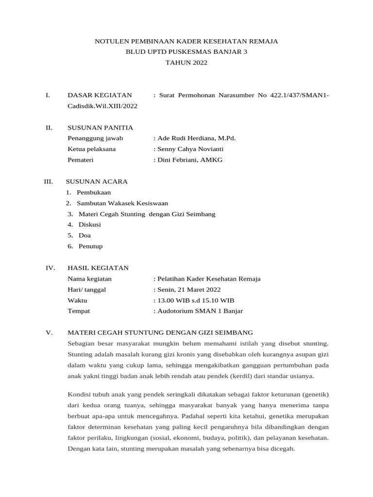 Notulen Pembinaan Kader Kesehatan Remaja | PDF Notulen Pembinaan Kader Kesehatan Remaja | PDF