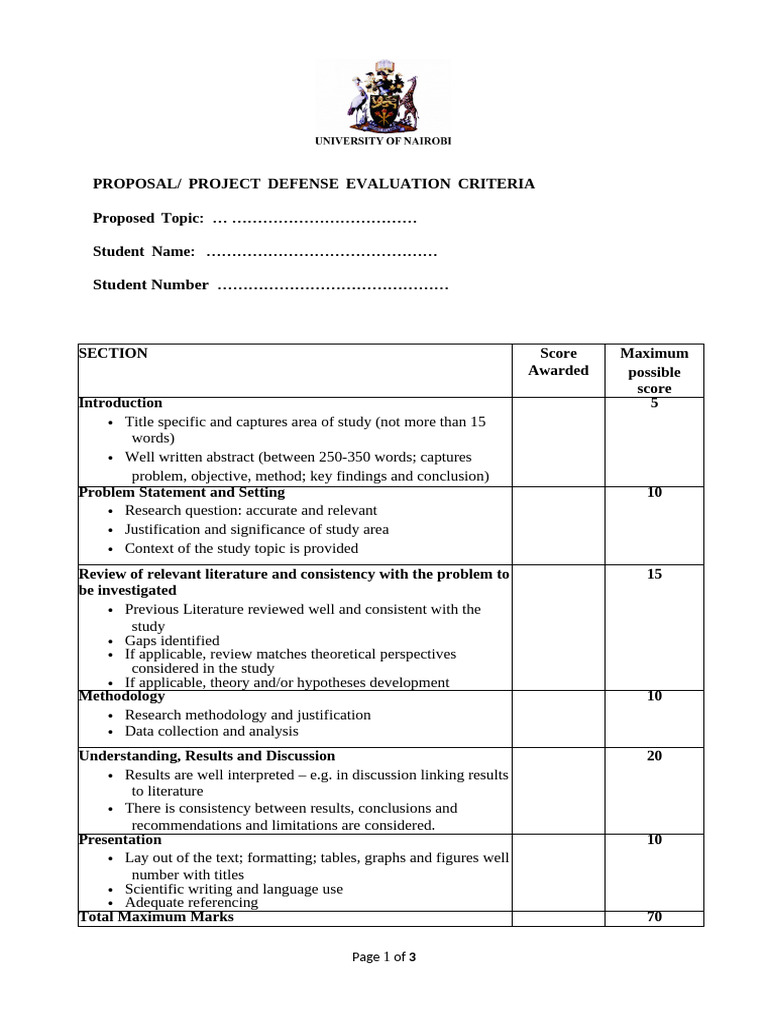 PROPOSAL - PROJECT DEFENSE EVALUATION CRITERIA - SCORESHEET | PDF