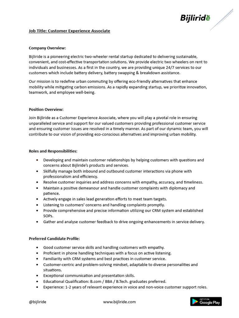 Customer Experience Associate at Bijliride | PDF | Customer ...