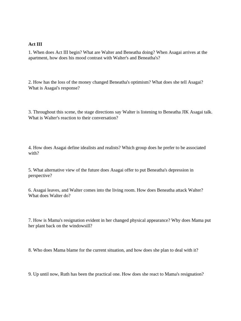 A Raisin in the Sun, Act 3 questions | PDF