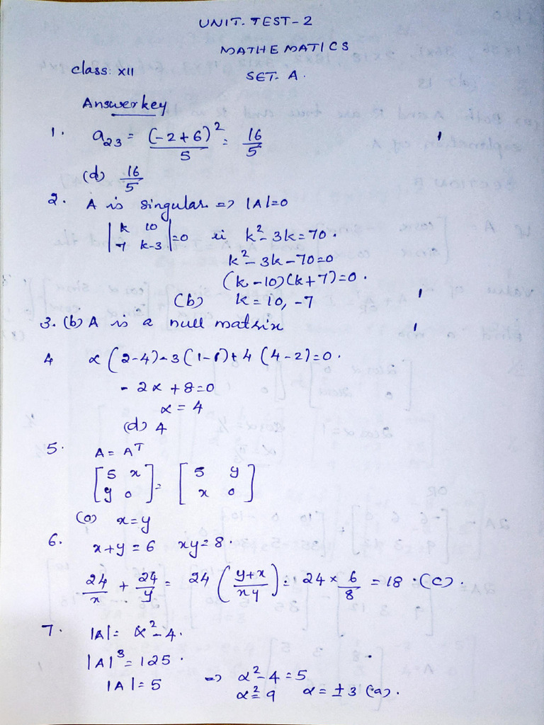 Unit Test 2 Set A Answer Key | PDF