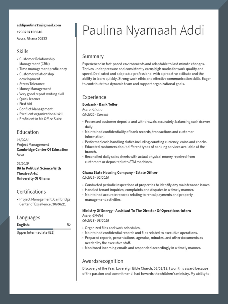 Paulina Nyamaah Addi Resume | PDF | Cash | Banks